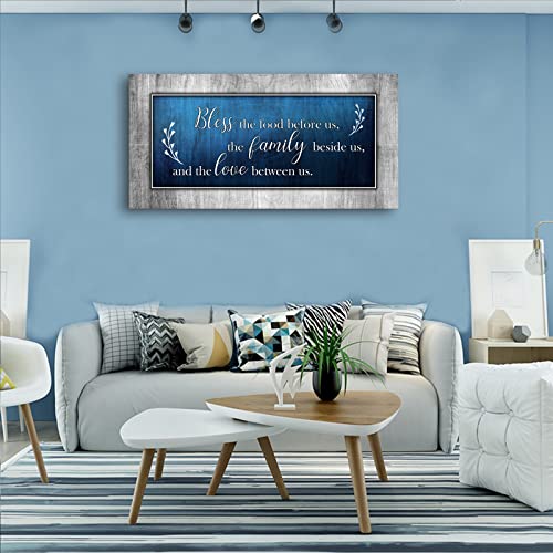 Christian Wall Art Decor Blue and Grey Canvas Prints Bless The Food Quote Wall Pictures Framed Artwork for Home Living Room Dining Room Kitchen Decorations