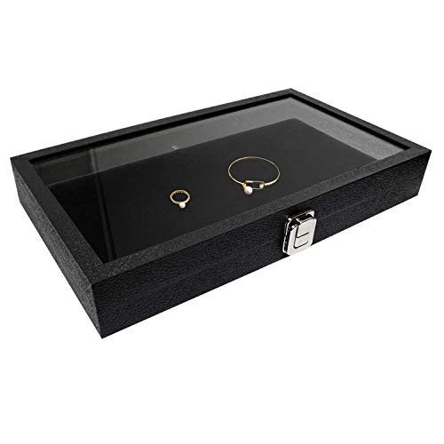 Ikee Design Leatherette Wooden Jewelry Display Case with Glass Top and Black Velvet Pad, Home Organization Storage Box, Wooden Jewelry Tray for Collectibles, 14.75" W x 8.25" D x 2.13''H