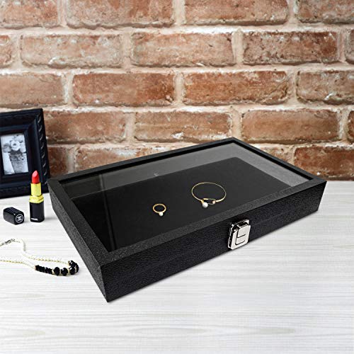 Ikee Design Leatherette Wooden Jewelry Display Case with Glass Top and Black Velvet Pad, Home Organization Storage Box, Wooden Jewelry Tray for Collectibles, 14.75" W x 8.25" D x 2.13''H