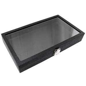 Ikee Design Leatherette Wooden Jewelry Display Case with Glass Top and Black Velvet Pad, Home Organization Storage Box, Wooden Jewelry Tray for Collectibles, 14.75" W x 8.25" D x 2.13''H