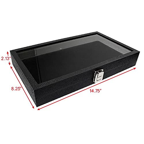 Ikee Design Leatherette Wooden Jewelry Display Case with Glass Top and Black Velvet Pad, Home Organization Storage Box, Wooden Jewelry Tray for Collectibles, 14.75" W x 8.25" D x 2.13''H