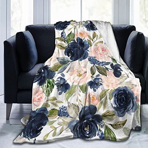 All Seasons Soft and Warm Lightweight Blankets Navy Blue and Pink Watercolor Floral Flannel Fleece Throw Blanket for Bed Couch Living Room Office Sofa 60"X50"