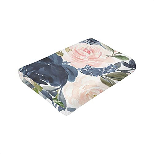 All Seasons Soft and Warm Lightweight Blankets Navy Blue and Pink Watercolor Floral Flannel Fleece Throw Blanket for Bed Couch Living Room Office Sofa 60"X50"