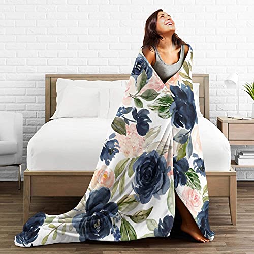 All Seasons Soft and Warm Lightweight Blankets Navy Blue and Pink Watercolor Floral Flannel Fleece Throw Blanket for Bed Couch Living Room Office Sofa 60"X50"