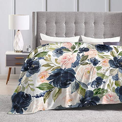 All Seasons Soft and Warm Lightweight Blankets Navy Blue and Pink Watercolor Floral Flannel Fleece Throw Blanket for Bed Couch Living Room Office Sofa 60"X50"