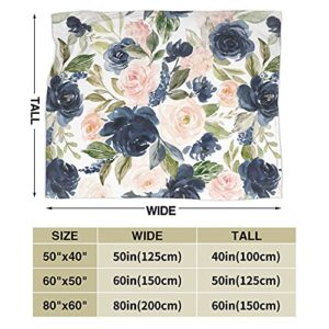 All Seasons Soft and Warm Lightweight Blankets Navy Blue and Pink Watercolor Floral Flannel Fleece Throw Blanket for Bed Couch Living Room Office Sofa 60"X50"