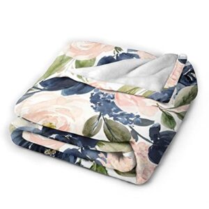 All Seasons Soft and Warm Lightweight Blankets Navy Blue and Pink Watercolor Floral Flannel Fleece Throw Blanket for Bed Couch Living Room Office Sofa 60"X50"