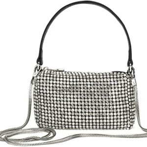 Silver Pouch Top Handle Handbag Diamond Purse for Women Small Cell Phone Bag with Silver Rhinestones Clutch Wallets MWL-019WT