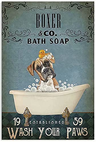 FSDFS Dog Metal Tin Sign Boxer Co.bath Soap Wash Your Paws Funny Retro Poster Bathroom Kitchen Cafe Garage Home Art Wall Decoration Plaque 8x12Inch