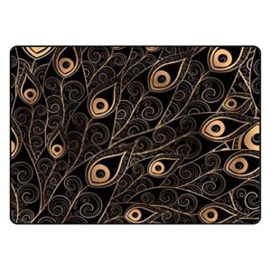 Kuizee Area Rug Gold Black Golden Peacock Feather Rectangle Oversize Doormat Coral Fleece Living Room Parlour Bedroom Home Fashion Decor Carpet,5'3"x4'