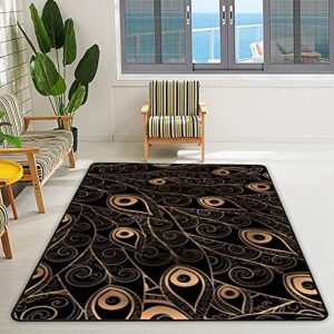 Kuizee Area Rug Gold Black Golden Peacock Feather Rectangle Oversize Doormat Coral Fleece Living Room Parlour Bedroom Home Fashion Decor Carpet,5'3"x4'