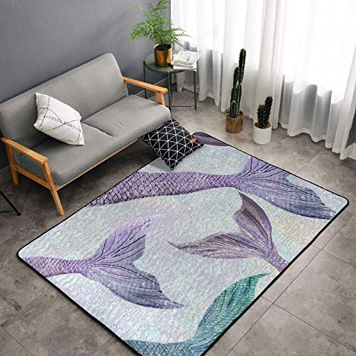 SWEET TANG Machine Washable Rug Soft Rugs Non-Slip Floor Carpet Home Decor for Bedroom, Living Room, Dorm, Teal Mermaid Tails Print, 60 inch x39 inch