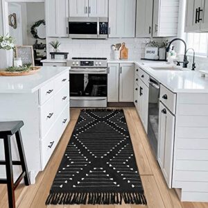 boho kitchen rug cotton cotton bedroom runner rug black white moroccan woven bathroom rug with tassels 2’x4.3′ machine washable mat sink floor carpet for hallway entryway living room front door