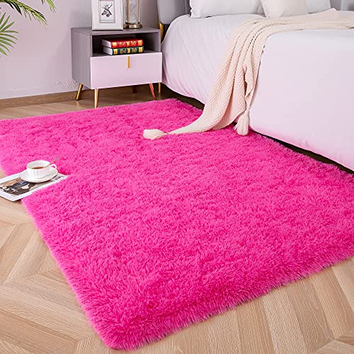 Foxmas Ultra Soft Fluffy Area Rugs for Bedroom Kids Room Plush Shaggy Nursery Rug Furry Throw Carpets for Boys Girls, College Dorm Fuzzy Rugs Living Room Home Decorate Rug, 4ft x 6ft, Hot Pink