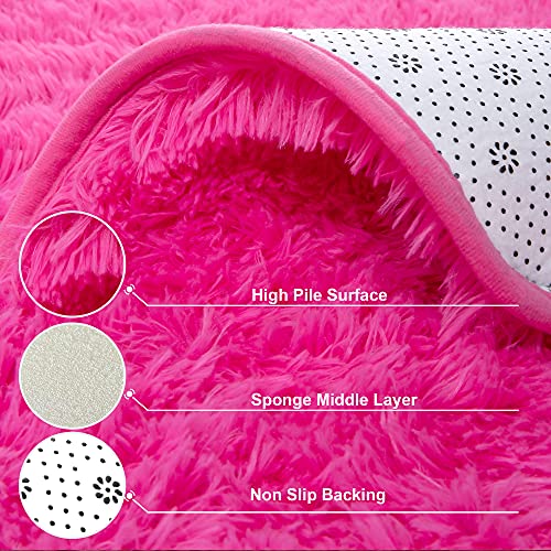 Foxmas Ultra Soft Fluffy Area Rugs for Bedroom Kids Room Plush Shaggy Nursery Rug Furry Throw Carpets for Boys Girls, College Dorm Fuzzy Rugs Living Room Home Decorate Rug, 4ft x 6ft, Hot Pink