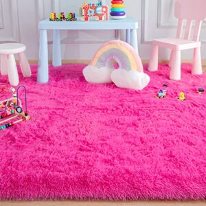 Foxmas Ultra Soft Fluffy Area Rugs for Bedroom Kids Room Plush Shaggy Nursery Rug Furry Throw Carpets for Boys Girls, College Dorm Fuzzy Rugs Living Room Home Decorate Rug, 4ft x 6ft, Hot Pink