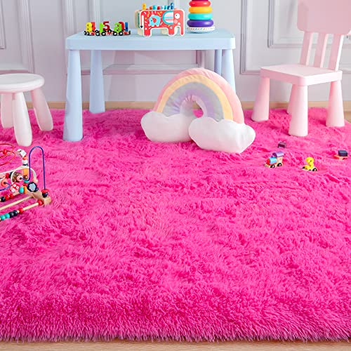 Foxmas Ultra Soft Fluffy Area Rugs for Bedroom Kids Room Plush Shaggy Nursery Rug Furry Throw Carpets for Boys Girls, College Dorm Fuzzy Rugs Living Room Home Decorate Rug, 4ft x 6ft, Hot Pink