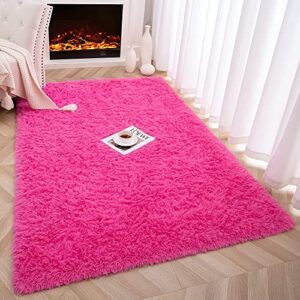 Foxmas Ultra Soft Fluffy Area Rugs for Bedroom Kids Room Plush Shaggy Nursery Rug Furry Throw Carpets for Boys Girls, College Dorm Fuzzy Rugs Living Room Home Decorate Rug, 4ft x 6ft, Hot Pink