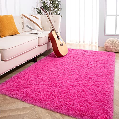 Foxmas Ultra Soft Fluffy Area Rugs for Bedroom Kids Room Plush Shaggy Nursery Rug Furry Throw Carpets for Boys Girls, College Dorm Fuzzy Rugs Living Room Home Decorate Rug, 4ft x 6ft, Hot Pink