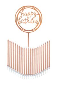 24 count tall thin metallic rose gold slow burning birthday candles in holders with matching elegant classy cake topper for special custom birthday cake cupcake decorations by dream vzn