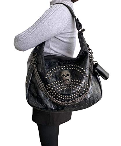 FiveloveTwo Women Skull Chain Handbag Large Capacity Gothic Shoulder Bag Studded Doctor Rivet Tote Satchel