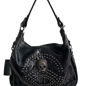 FiveloveTwo Women Skull Chain Handbag Large Capacity Gothic Shoulder Bag Studded Doctor Rivet Tote Satchel