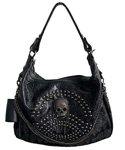 FiveloveTwo Women Skull Chain Handbag Large Capacity Gothic Shoulder Bag Studded Doctor Rivet Tote Satchel