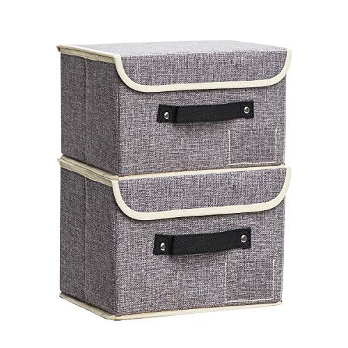 Small Storage Bins with Lids 2 Pack Linen Collapsible Cube Storage Basket with Handle, Jane's Home Foldable Fabric Storage Box with lids Organizer for Toys, Clothes Closet, Ornament Grey