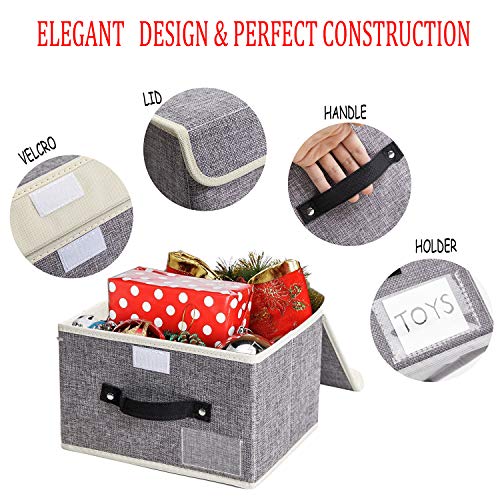 Small Storage Bins with Lids 2 Pack Linen Collapsible Cube Storage Basket with Handle, Jane's Home Foldable Fabric Storage Box with lids Organizer for Toys, Clothes Closet, Ornament Grey