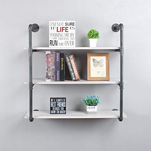 LENGEN Industrial Floating Shelves Wall Mount,36in Rustic Pipe Wall Shelf,3-Tiers Wall Mount Bookshelf,DIY Storage Shelving Floating Shelves,Wall Shelving Unit,Wall Book Shelf for Home,Vintage White