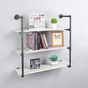 LENGEN Industrial Floating Shelves Wall Mount,36in Rustic Pipe Wall Shelf,3-Tiers Wall Mount Bookshelf,DIY Storage Shelving Floating Shelves,Wall Shelving Unit,Wall Book Shelf for Home,Vintage White