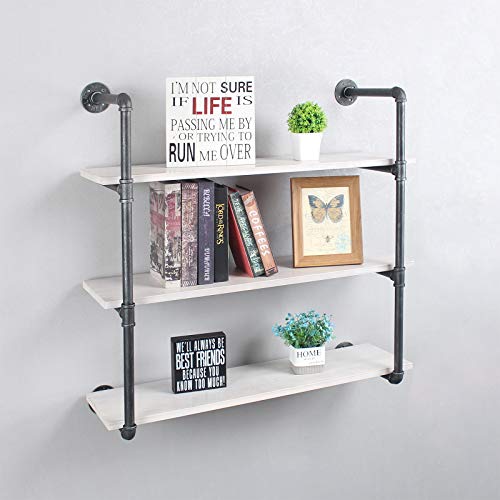 LENGEN Industrial Floating Shelves Wall Mount,36in Rustic Pipe Wall Shelf,3-Tiers Wall Mount Bookshelf,DIY Storage Shelving Floating Shelves,Wall Shelving Unit,Wall Book Shelf for Home,Vintage White