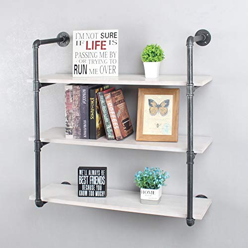 LENGEN Industrial Floating Shelves Wall Mount,36in Rustic Pipe Wall Shelf,3-Tiers Wall Mount Bookshelf,DIY Storage Shelving Floating Shelves,Wall Shelving Unit,Wall Book Shelf for Home,Vintage White