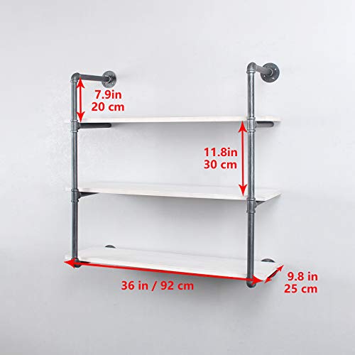 LENGEN Industrial Floating Shelves Wall Mount,36in Rustic Pipe Wall Shelf,3-Tiers Wall Mount Bookshelf,DIY Storage Shelving Floating Shelves,Wall Shelving Unit,Wall Book Shelf for Home,Vintage White