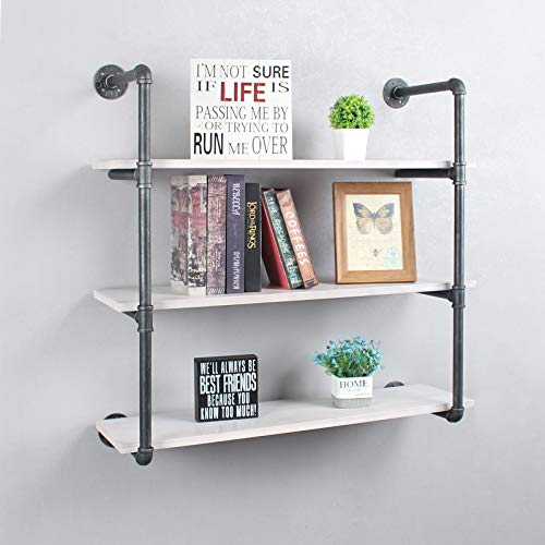 LENGEN Industrial Floating Shelves Wall Mount,36in Rustic Pipe Wall Shelf,3-Tiers Wall Mount Bookshelf,DIY Storage Shelving Floating Shelves,Wall Shelving Unit,Wall Book Shelf for Home,Vintage White