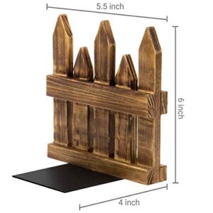 MyGift Rustic Burnt Brown Solid Wood Decorative Bookends with Picket Fence Design, Country Home Style Office Desk Book Stand Shelf Decoration, 1 Pair