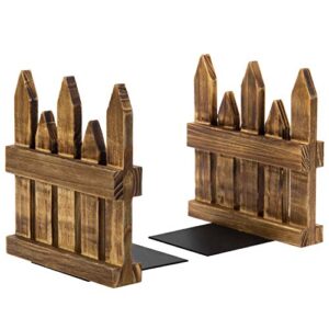 MyGift Rustic Burnt Brown Solid Wood Decorative Bookends with Picket Fence Design, Country Home Style Office Desk Book Stand Shelf Decoration, 1 Pair