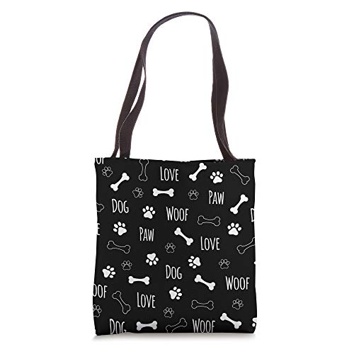 Love Dog Woof Bone and Paw Pattern in Black Background Tote Bag