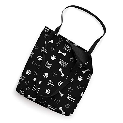 Love Dog Woof Bone and Paw Pattern in Black Background Tote Bag