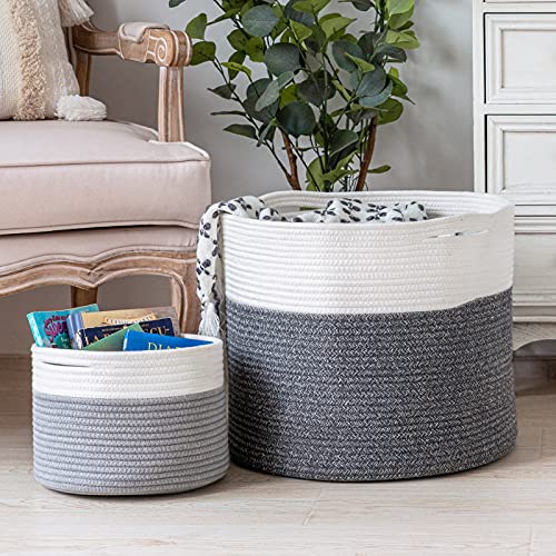 Goodpick Cute Grey Cotton Rope Basket And Large Woven Blanket Storage Basket(Set of 2)