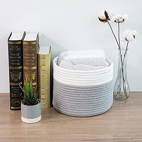 Goodpick Cute Grey Cotton Rope Basket And Large Woven Blanket Storage Basket(Set of 2)