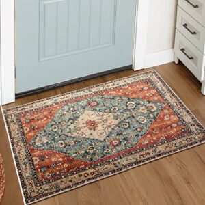 lahome boho tribal area rug – 2×3 persian distressed small entryway rug doormat bohemian faux wool non-slip washable low-pile floor carpet for indoor front entrance kitchen bathroom