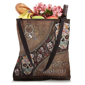 Sugar Skull Nurse Life Flower Skull Zipper-Leather-Bag Lover Tote Bag