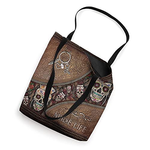 Sugar Skull Nurse Life Flower Skull Zipper-Leather-Bag Lover Tote Bag