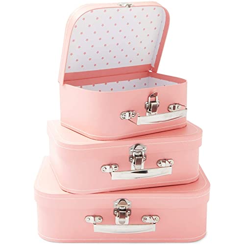 Okuna Outpost Set of 3 Different Sizes of Paperboard Suitcases with Metal Handles, Decorative Cardboard Storage Boxes (Pink)