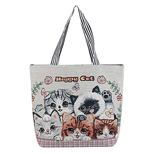 Cat Canvas Tote Bag for Women and Girls Ecofriendly Shoulder Bag,Zipper Shopping bags with Interior Pocket,school Bags