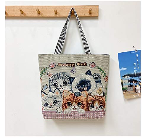 Cat Canvas Tote Bag for Women and Girls Ecofriendly Shoulder Bag,Zipper Shopping bags with Interior Pocket,school Bags