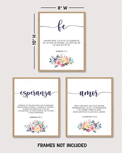 Fe Esperanza Amor Wall Decor - Cuadros Cristianos Para Pared en Español - Christian Wall Decor In Spanish - Set of 3 Prints - 8x10 - Unframed