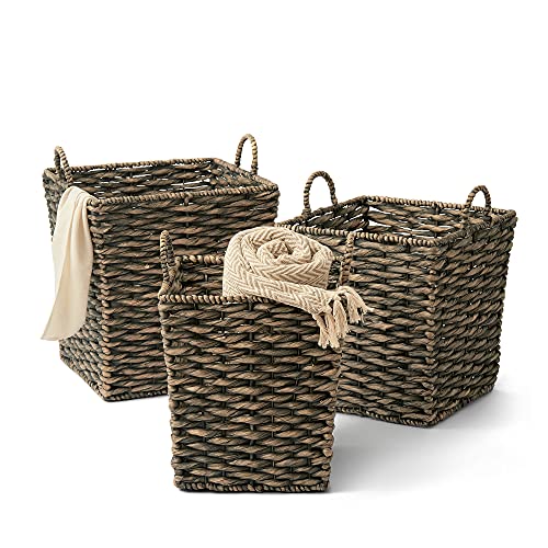 Artera Oversize Wicker Storage Basket - Set of 3 Woven Water Hyacinth Blanket Baskets with Handle, Natural Nesting Floor Storage Bins for Living Room, Bedroom or Laundry Room (Style 1)