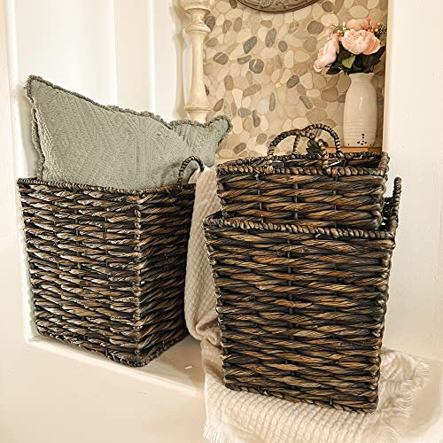 Artera Oversize Wicker Storage Basket - Set of 3 Woven Water Hyacinth Blanket Baskets with Handle, Natural Nesting Floor Storage Bins for Living Room, Bedroom or Laundry Room (Style 1)